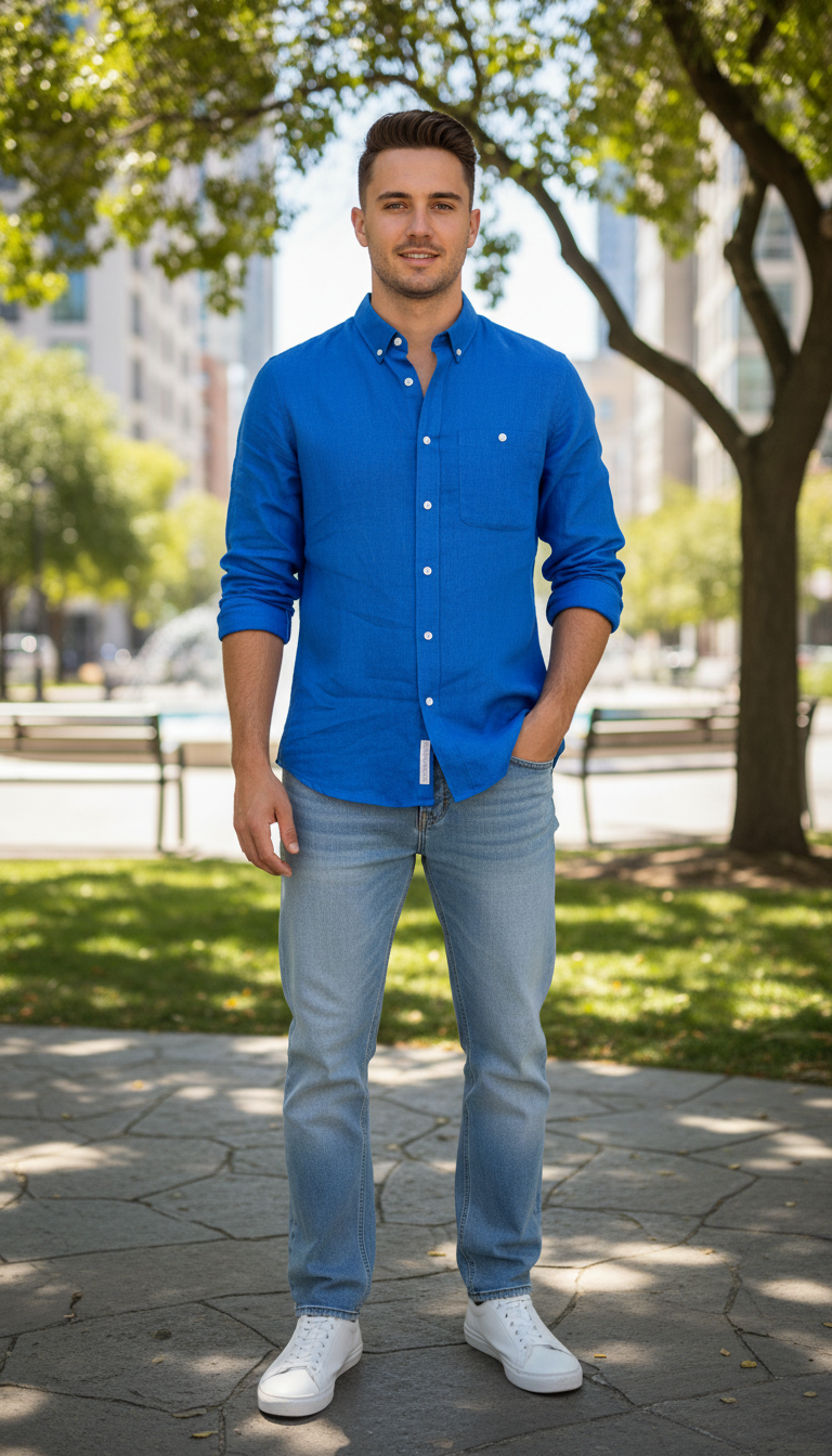 Bold&Basics Cobalt Blue Solid Linen Shirt